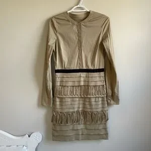 Nakomi | Dresses | Long Sleeve Khaki Tan Dress Button Front Cuffs Black ...